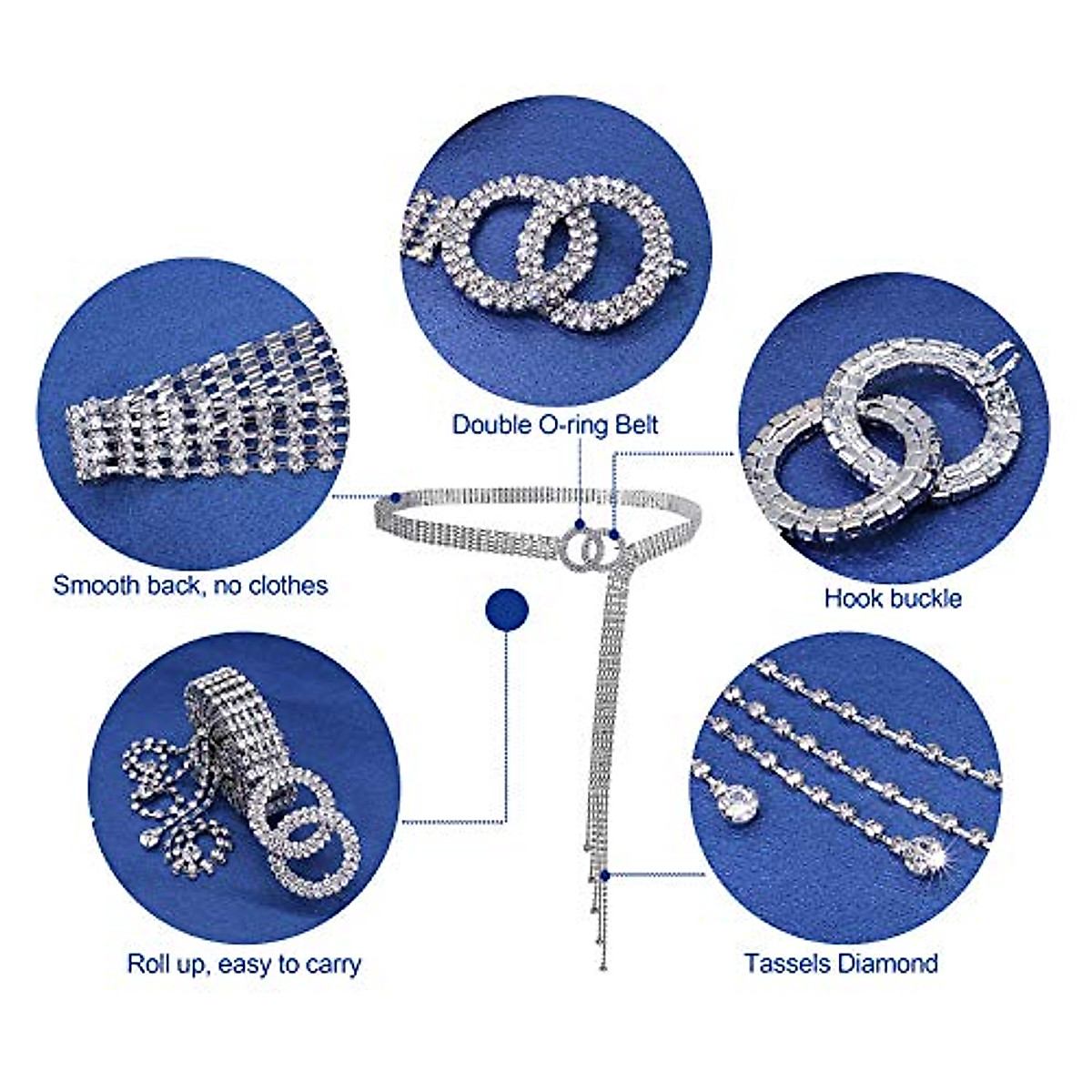 Lovful Women's Dress Belts with Rose Gold Rhinestone,Double O-Ring Sparkle Chain Waistband Belt,Silver,45 inches