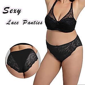 Cinvik Womens Lace Panties High Waisted Underwear Ladies Sexy Seamless Black 6 Pack M