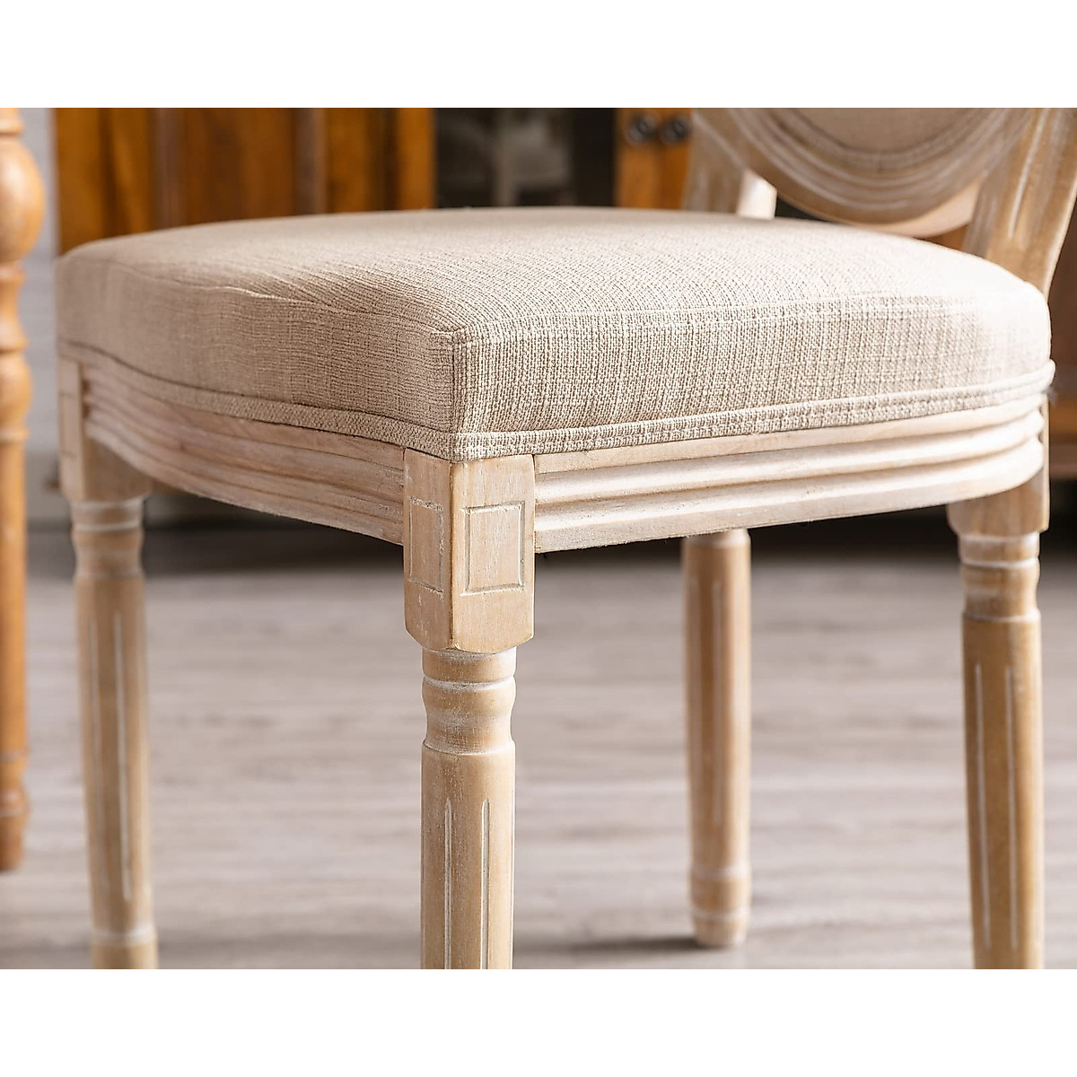 CIMOTA Farmhouse Dining Chairs Set of 4, Upholstered Vintage French Dining Room Chair with Round Back Distressed Wood, Mid Century Side Chairs for Kitchen/Restaurant, Beige/4PCS