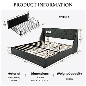SHA CERLIN King Size Platform Bed Frame with 4 Storage Drawers and Wingback Headboard, Diamond Stitched Button Tufted Design, No Box Spring Needed, Dark Grey