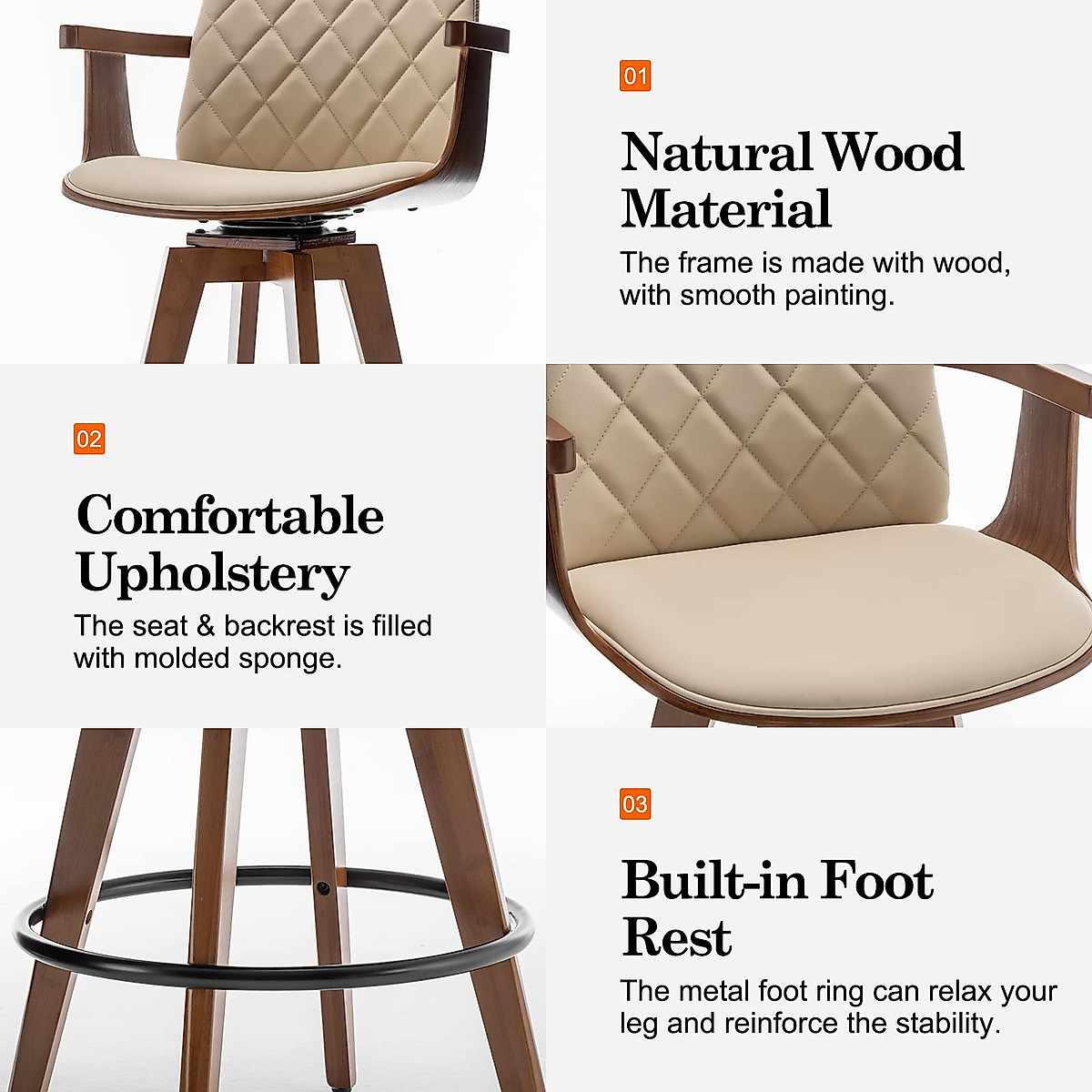 WUPOTO Bar Stools Set of 2, Upholstered Faux Leather Counter Height Bar Stools, Swivel Barstools with Wooden Arms and Legs (Beige, 30" Seat Height)