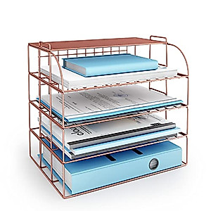 File Organizer for Desk, Letter Tray Desk Organizer, 4 Tier Desk Organizers and Accessories, File Folder Organizer, Desk File Organizer - Office Organization, 1 Upper Shelf, Wire Collection, Rose Gold