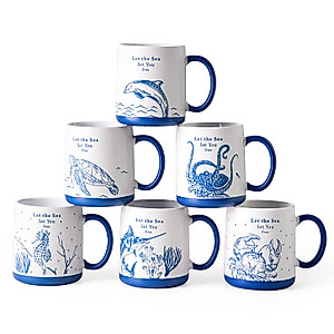 AmorArc Large Coffee Mugs Set of 6, 18oz Ceramic Coffee Cups with Sea Life Textured Patterns for Tea Latte Cocoa. Easy to Hold&Clean, Dishwasher&Microwave Safe, Matt White
