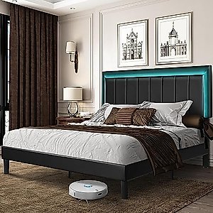 Catrimown Queen Size Bed Frame with LED Lights, Upholstered Bed Frame Queen with Faux Leather Adjustable Headboard, Wood Slat Support, No Box Spring Needed, Easy Assembly, Black
