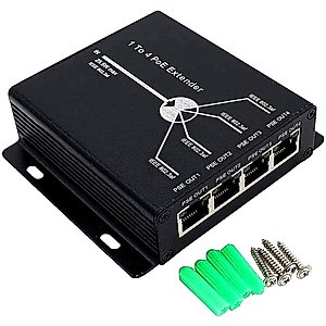 BeElion PoE Extender Ethernet Repeater 10/100Mbps, 1In/4Out 10/100BASE-TX IEEE802.3at (Power-in) to IEEE802.3af (Power-Out) PoE Extender for Ethernet/PoE Power, IP Camera,Other Network