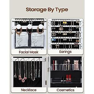 Hzuaneri 8 LEDs Jewelry Cabinet Armoire, 42.7" Tall Frameless Mirror Jewelry Organizer, lockable Wall/Door Mounted Makeup Jewelry Storage with Mirror, 4 Shelves, White and Black JC10803B