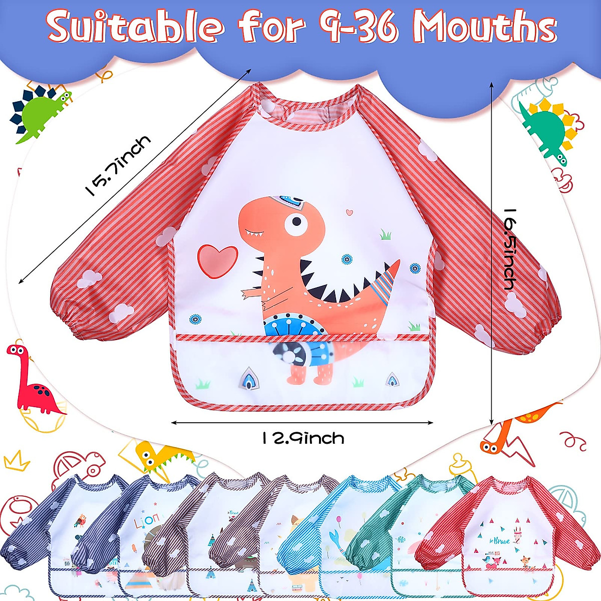 8 Pack Long Sleeve Baby Bibs for Girl or Boy Baby Waterproof Sleeved Bib Infant Art Smock Apron Baby Bibs for Eating Long Sleeve Bibs for Babies Animal Pattern Toddler Bib with Pocket for 6-36 Months