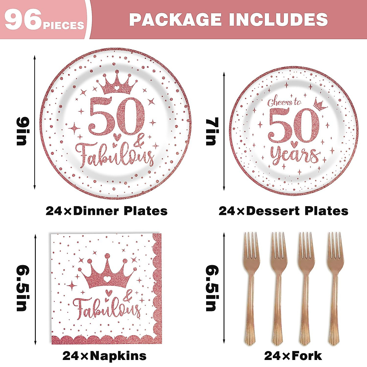 50th Birthday Tableware for Women - 96Pcs 50th Birthday Plates and Napkins | Rose Gold Party Supplies 50th Fabulous Happy Birthday Tableware Set | Cheers to 50 Years Party Decorations Serves 24 Guests
