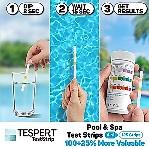 Pool and Spa Test Strips - Hot Tub Test Strips - 4 Way Quick & Accurate Chlorine Test Strips - 125 Pcs Test Hardness, Bromine, pH, Free Chlorine, Total Chlorine and Total Alkalinity - TESPERT