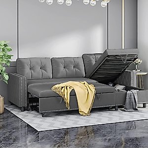 Mjkone 3 Seat L-Shape Sectional Sofa Couch with Pull Out Bed and Reversible Storage Chaise, Modern 83 Inch Sleeper Sofa with Breathable Velvet Fabric and Nailhead Trim for Living Room, Dark Gray