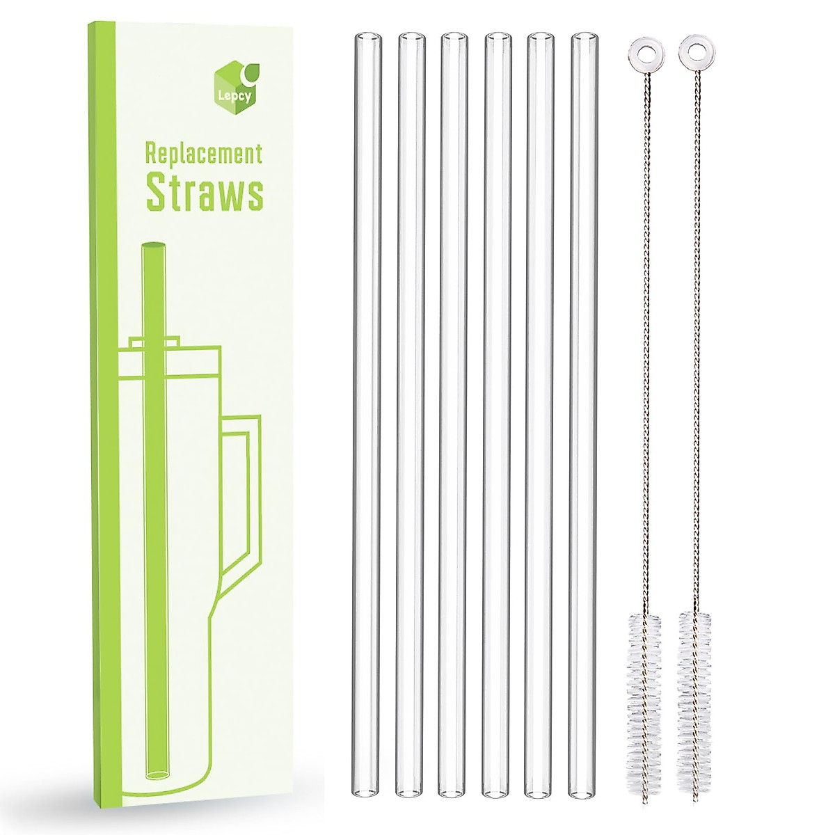 LEPCY 12 inch Reusable Straws for Stanley & Simple Modern 40 OZ Tumbler. 6 Plastic Replacement Straws + 2 Straw Cleaner Brush. Clear and BPA Free, Protective Brush Handle Protects Your Finger