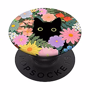 Black Cat Hiding in Spring Flowers PopSockets Grip and Stand for Phones and Tablets
