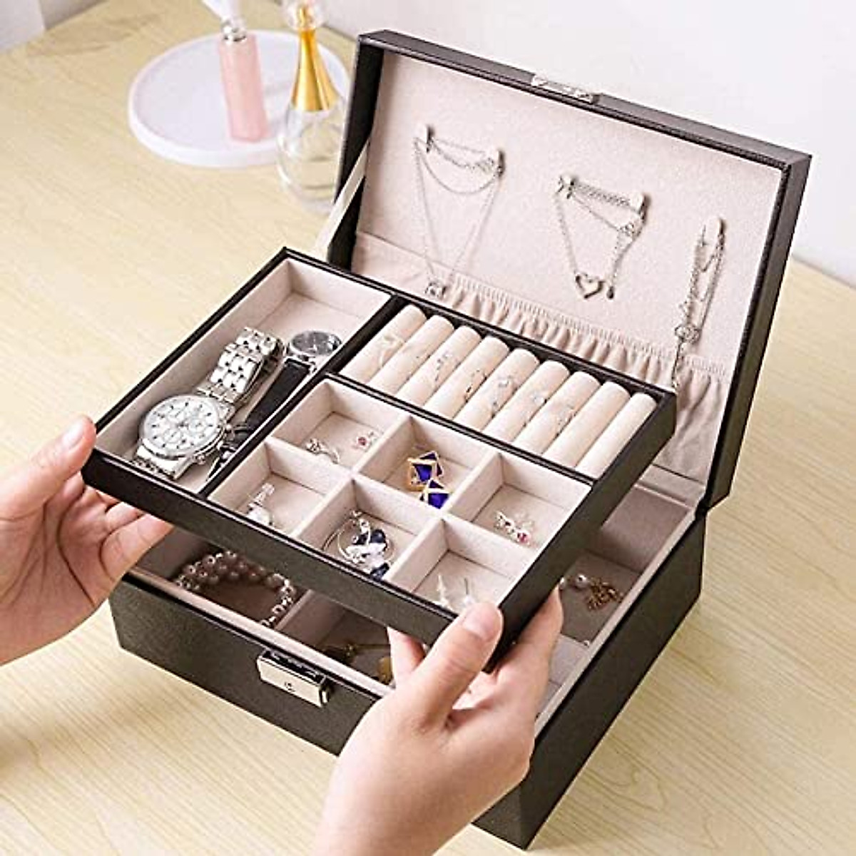 ZZYINH AN207 Double-Layer PU Leather European Jewelry Storage Box Large Space Holder Gift Organizer Travel Necklace Bracelet Earring Case Small Jewelry (Color : Black)