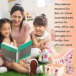 A1 Unlimited Back to School Essentials Bundle, (PEACH) Printed Design Pastel Pencil Cup Craft Caddy Interlocking Book Bin Perfect Storage Organizer Holder for Home Office Classroom with Bonus Item