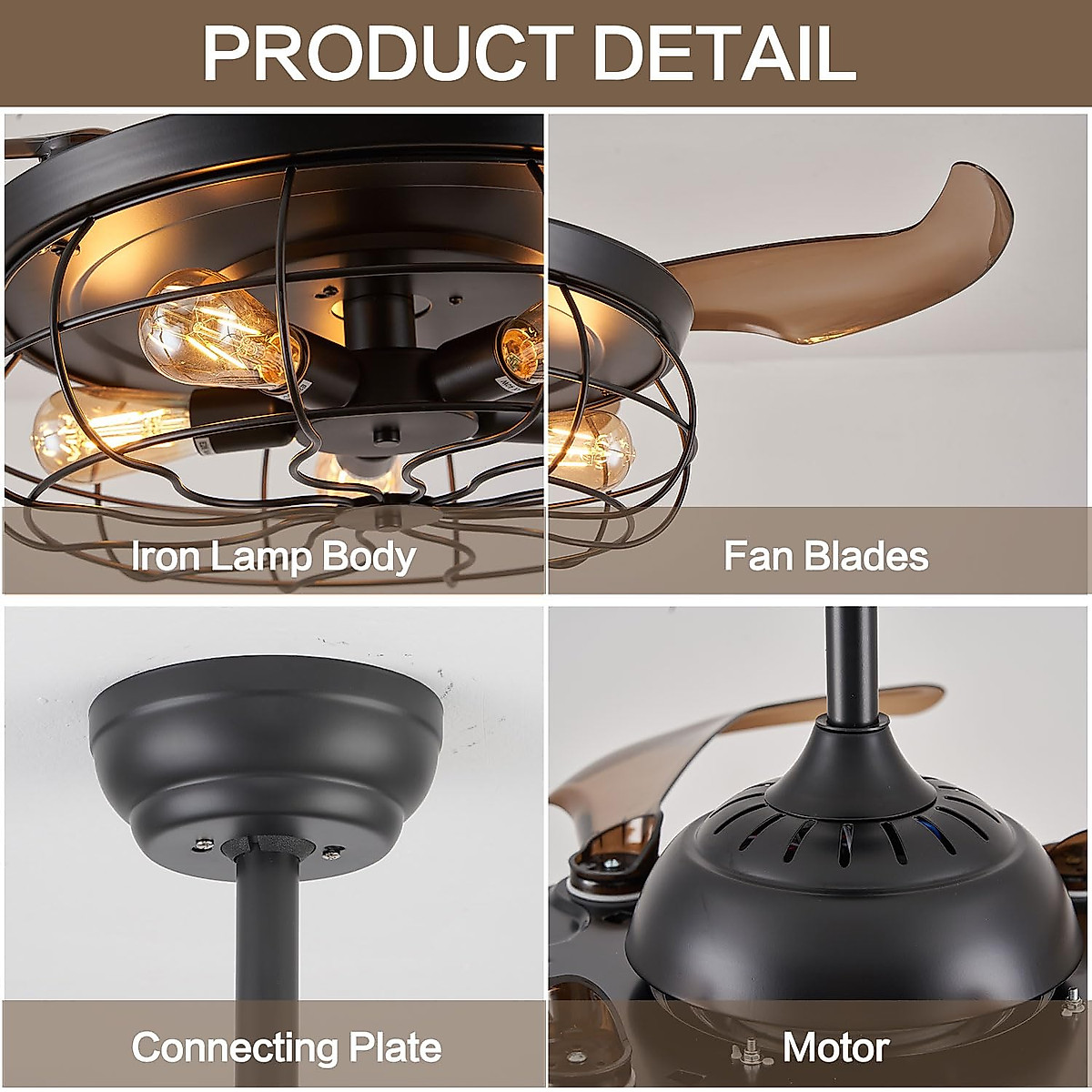 DuMaiWay 42" Industrial Retractable Ceiling Fans with Lights, Fandelier Caged Ceiling Fan with Remote Controller for Farmhouse/Living Room/Bedroom/Restaurant 5 Lights 4 Fan Blades Black