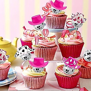 48Pcs Disco Cowgirl Cake Decoration, 24Pcs Disco Ball Cup Toppers 24Pcs Mini Pink Cowgirl Hats Cow Print Cowboy Hats Westen Cowgirl Party Favor Birthday Table Decor