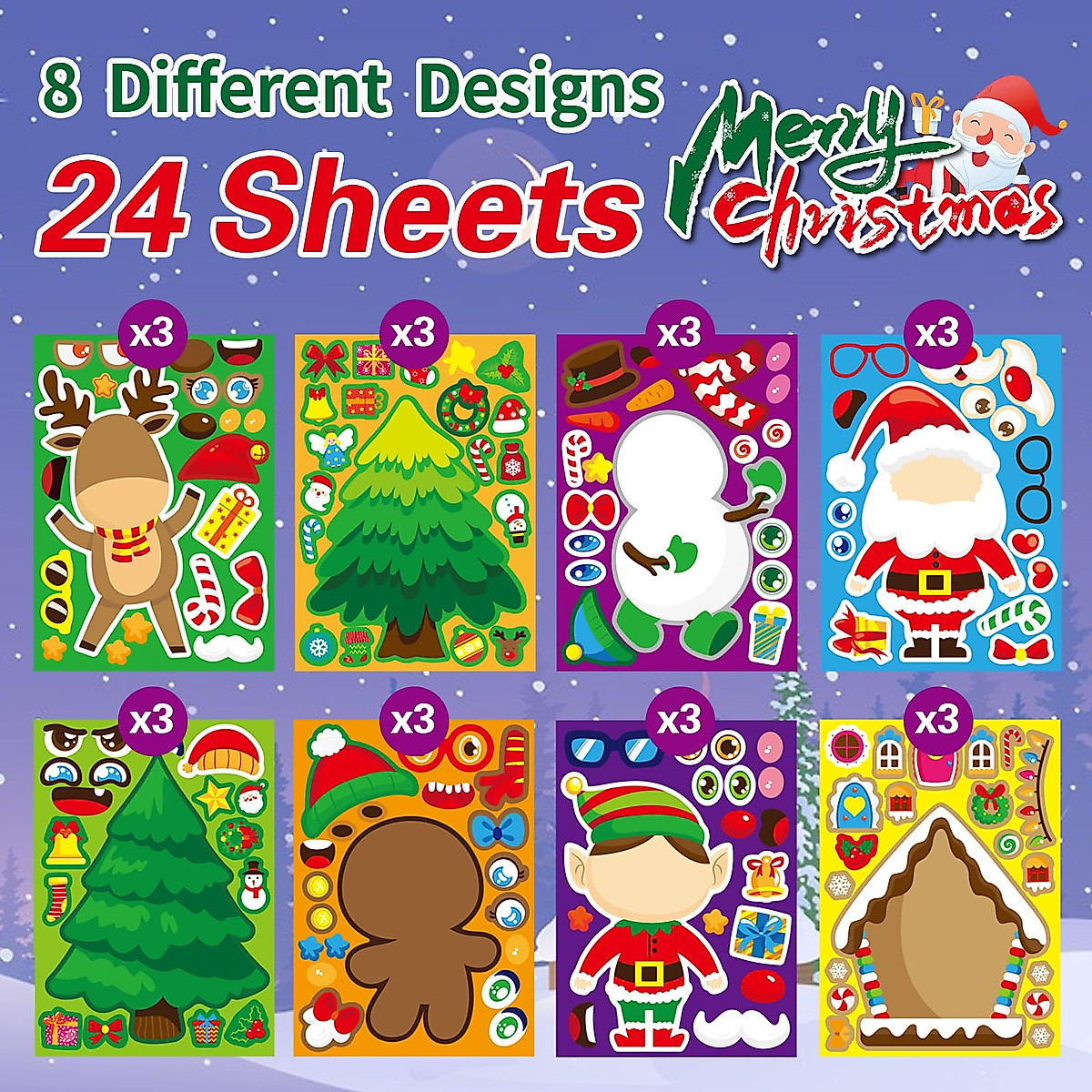 JASHIAGE Christmas Stickers for Kids - 24 Sheets DIY Santa Snowman Reindeer Holiday Decals, Party Game Stickers, Perfect for Crafting, Gift Decorating, School Activities