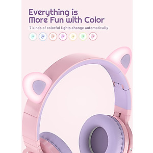 Picun Bluetooth Kids Headphones with Microphone, Cat Ear Wireless & Wired 85dB Volume Limited Multi-Function Girl Headphones, Built-in Flashing LED, Foldable for School Study Home Travel- Purple Pink