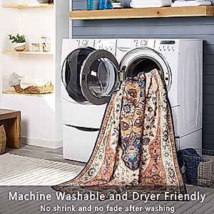 vivorug Washable Rug, Ultra Soft Area Rug 5x7, Non Slip Boho Rug Foldable, Stain Resistant Rugs for Living Room, Persian Tribal Medallion (Yellowish/Navy, 5'x7')