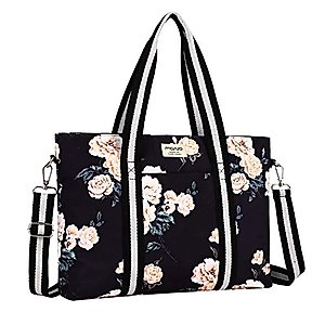 MOSISO Laptop Tote Bag for Women (17-17.3 inch), Canvas Camellia Multifunctional Work Travel Shopping Duffel Carrying Shoulder Handbag, Black