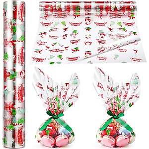 STOBOK Christmas Cellophane Wrap Roll: Unfolded Width 32 X 100FT Santa Claus Pattern Clear Paper Wrapper Transparent Gift Wrapping Packing Paper for Flower Basket Xmas, 3 Mil Thicken