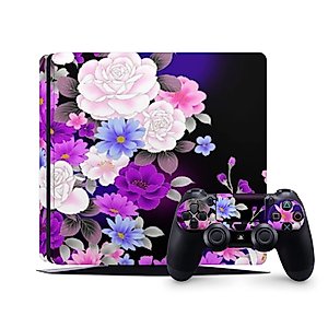 ZOOMHITSKINS Compatible with PS4 Slim Skin, Light Color Flowers Spring Floral Blue, Durable & Fit, 3M Vinyl, Made in The USA