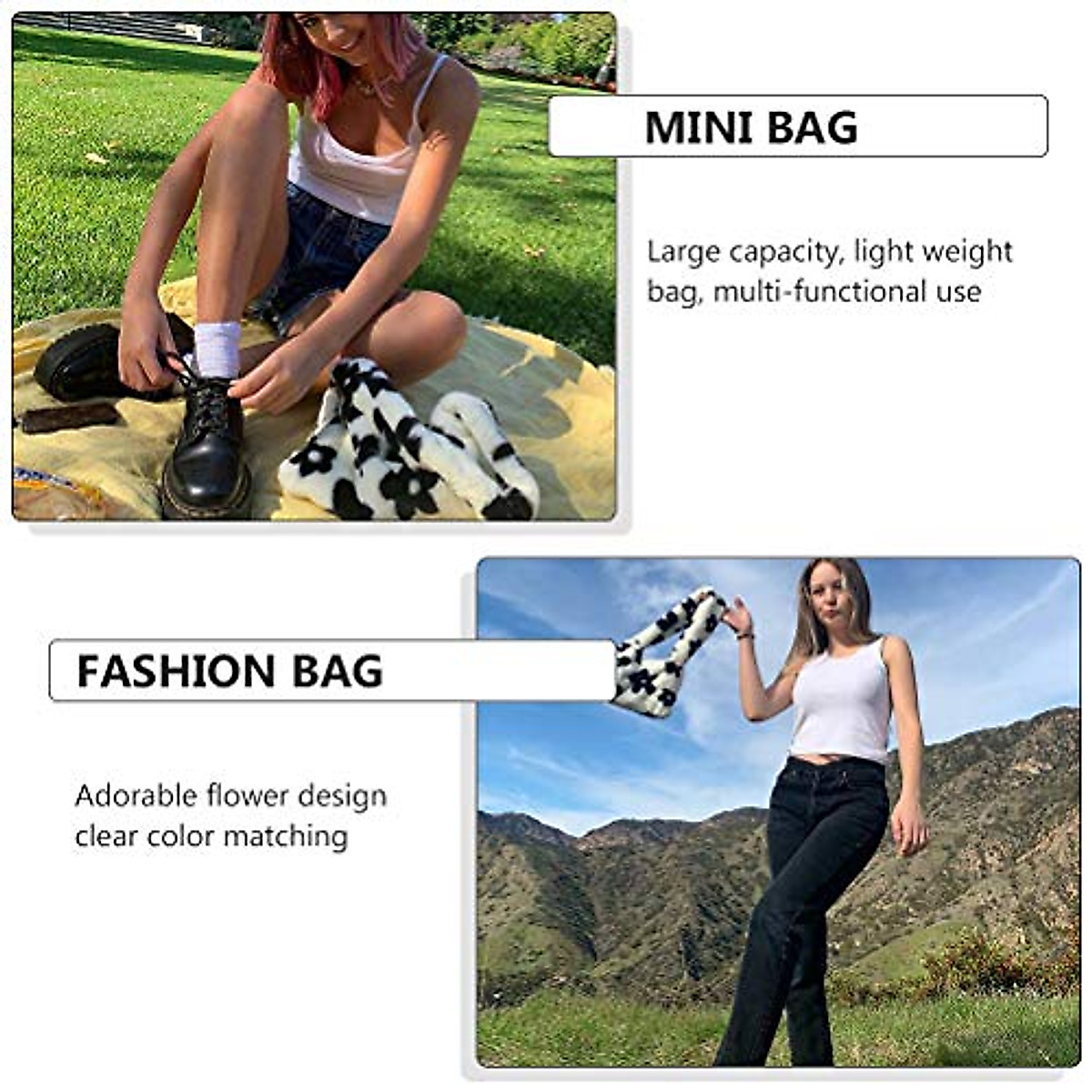 VALICLUD Fuzzy Tote Bag Hobo Bag Small Faux Fur Purse Flower Clutch Bag Furry Handbag Underarm Purse for Women