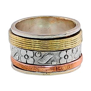 NOVICA Artisan Handmade Sterling Silver Meditation Spinner Ring Copper Brass Indian Floral No Stone [band Width 10 mm W] ' Floral Sheen'