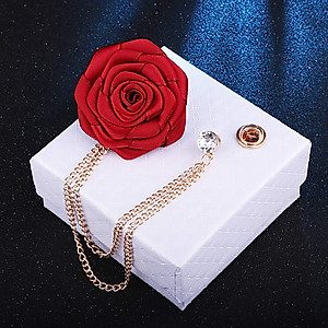 Fashion Bridegroom Wedding Brooches Cloth Art Hand-Made Rose Flower Brooch Lapel Pin Badge Tassel Chain Men's Suit Accessories (Red)