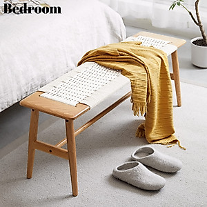 Grewood Wood Dining Bench,100% Natural Solid Oak with Rattan Design, Rounded Edge, Bench for Entryway Hall, Dining Room,Bedroom, Living Room (Off-White, 31.49 inch)