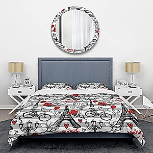 DESIGN ART Designart 'Paris Eiffel Red Hearts II' Mid-Century Duvet Cover Set Twin Cover + 1 sham (Comforter not Included) 2 Piece