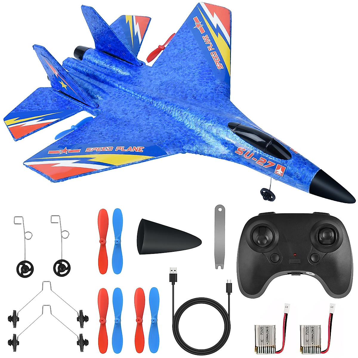 YIDJOFJ RC Gravity Gliders Airplane, Remote Control Plane Su-27 RC Airplane-2.4Ghz 6-axis Gyro RC Airplane with Light Strip, 2 Batteries Easy to Fly Jet Fighter Toy Gift for Kids Beginner (Blue)