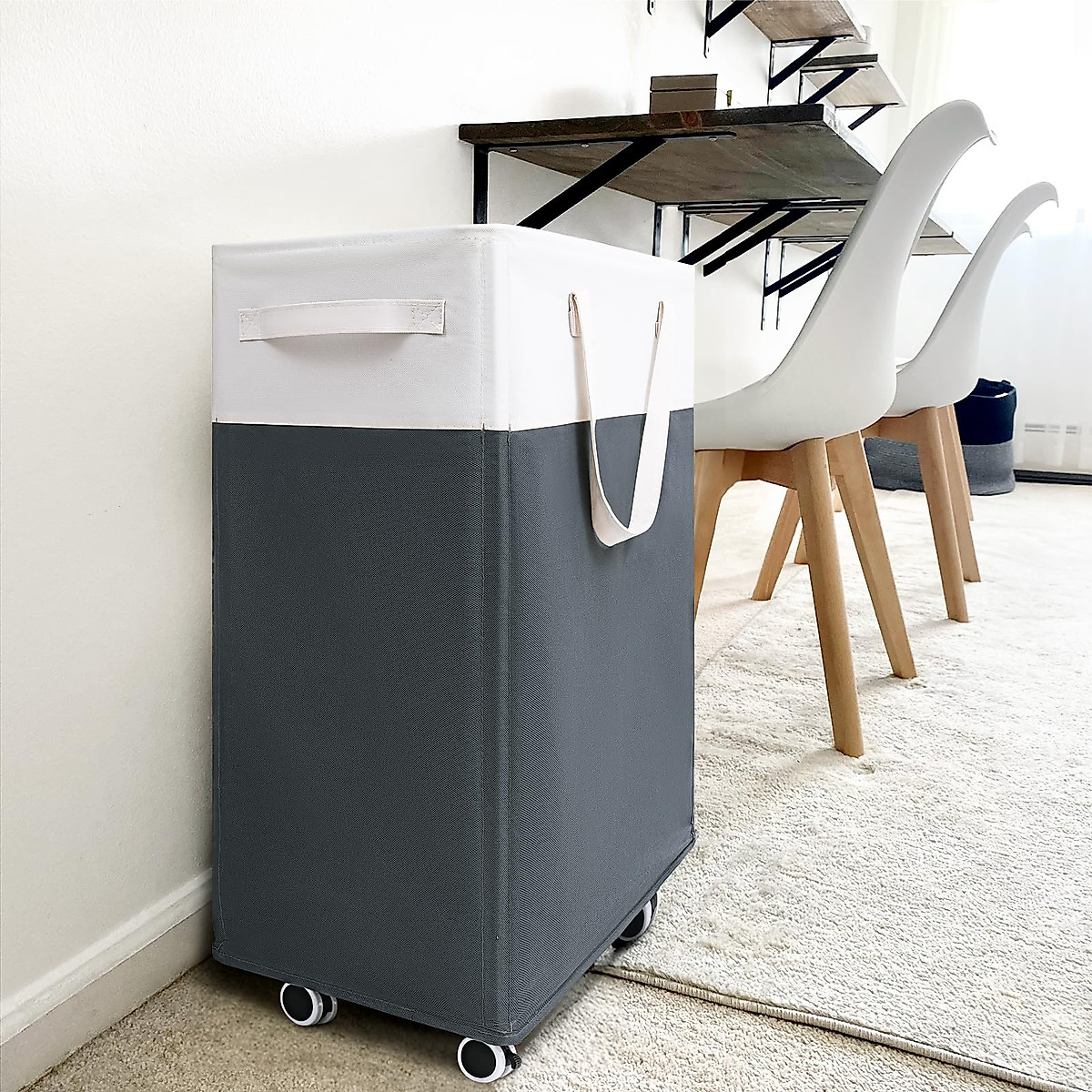 Goodpick Laundry Basket with Wheels, 75L Collapsible Tall Laundry Hamper, Large Laundry Basket with Removable Wash Bag for Corner Dorm, Rolling Slim Laundry Basket on Wheels, Grey&White