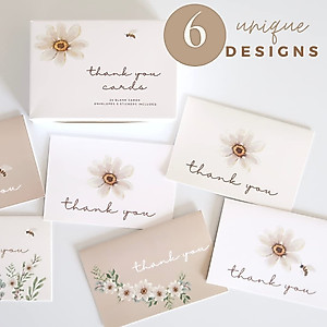 Floral Thank You Cards w/ Envelopes & Stickers (Set of 24) - Cardstock, 4 x 6” Boho Thank You Cards - Thank You Cards with Envelopes for Wedding, Birthday, & Bridal Shower - Blank Thank You Cards