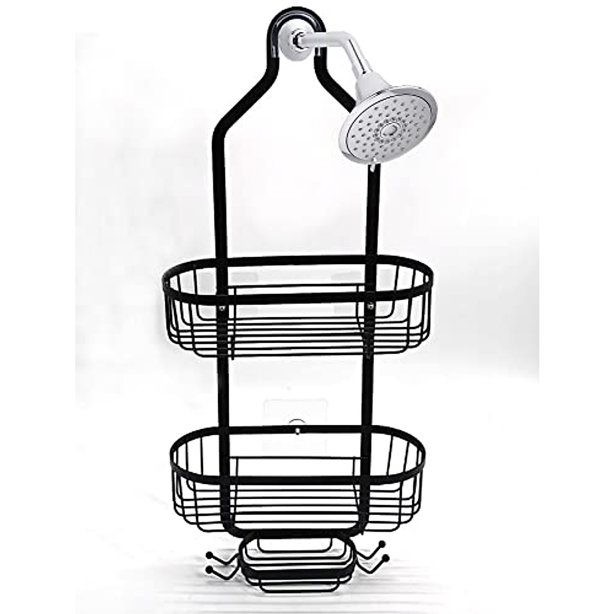 kinla Rustproof Shower Caddy 2 Tier Bathroom Organizer with Hooks and Shelves - Overhead Hanging Storage Rack for Shampoo, Soap, Razor, and Washcloth (Black)