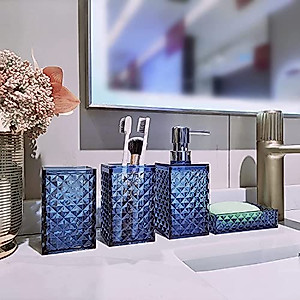 Blue Bathroom Accessories Set(4pcs), Multifunction Vanity Countertop Plastic Accessory Kit, Toothbrush Holder, Toothbrush Cup,Including Soap Dispenser, Soap Dish for Housewarming Gift (Blue)