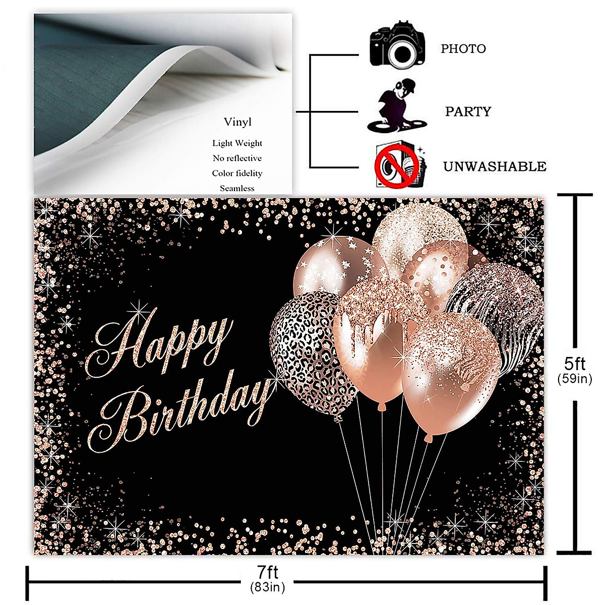 Avezano Rose Gold Birthday Backdrop for Girls Women Happy Birthday Party Decoration Photoshoot Black Rose Gold Glitter Balloon Bday Party Photography Background (7x5ft)
