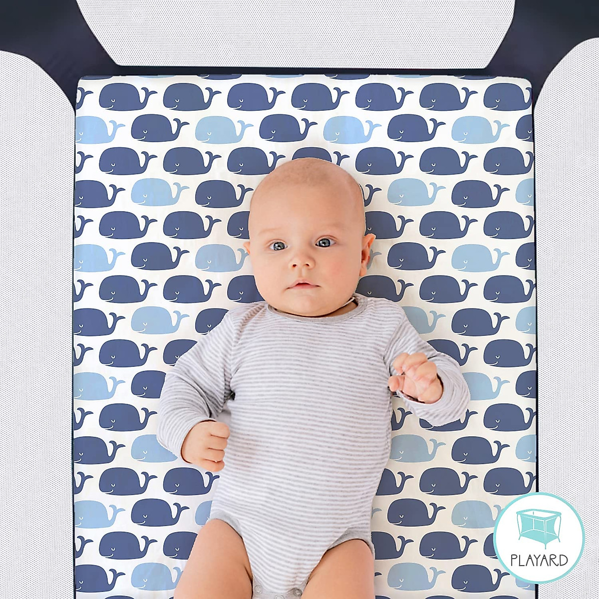 The Peanutshell Mini Crib Sheets Set for Pack & Play, Playard, Playpen, Mini Crib, 3 Pack, Nautical Whale