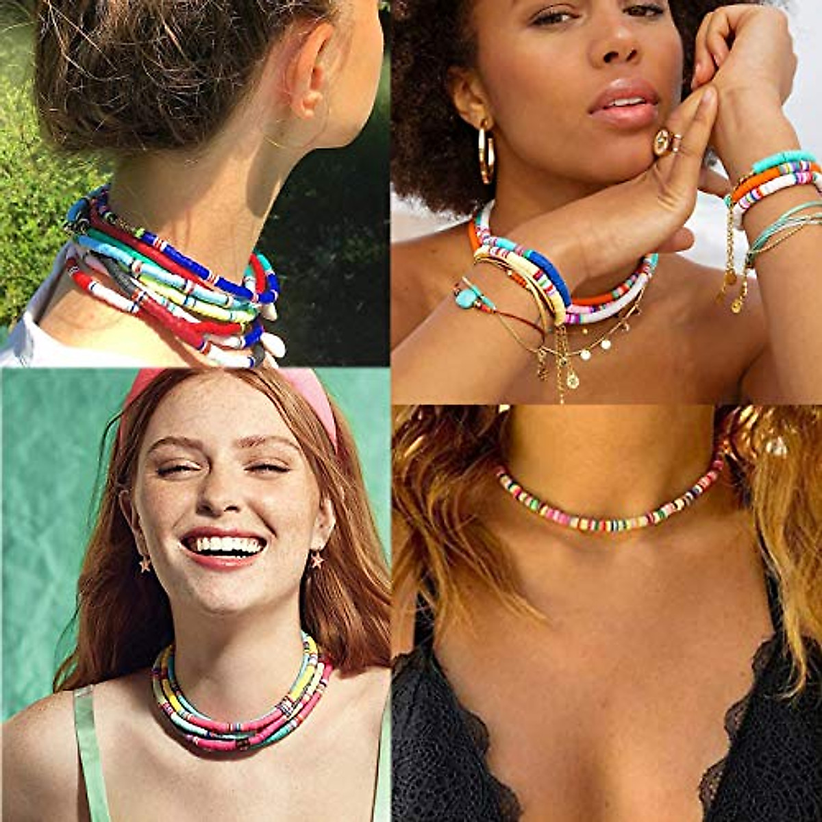 ARATLENCH Heishi Surfer Necklaces Bracelets –Colorful Vinyl Disc Beads Love Necklace Boho Rainbow Stack Stretch Friendship Bracelet Necklaces Set for Women