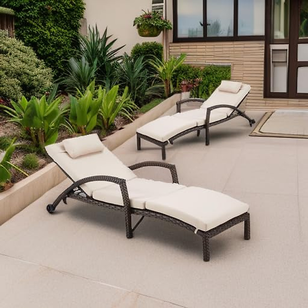 HOMREST Chaise Lounge Chairs Set of 2 for Outside, Adjustable 5 Position Outdoor PE Rattan Wicker Patio Pool Lounge Chair with Arm, Cushion, Pillow and Wheels for Poolside Backyard Deck Porch,Khaki
