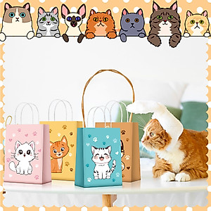 Zhanmai 24 Pcs Cat Goodie Bags Cat Party Favor Kitty Gift Bags with Handles Cat Candy Treat Paper Bags for Kids Cat Birthday Party Decoration Supplies for Pet Adoption