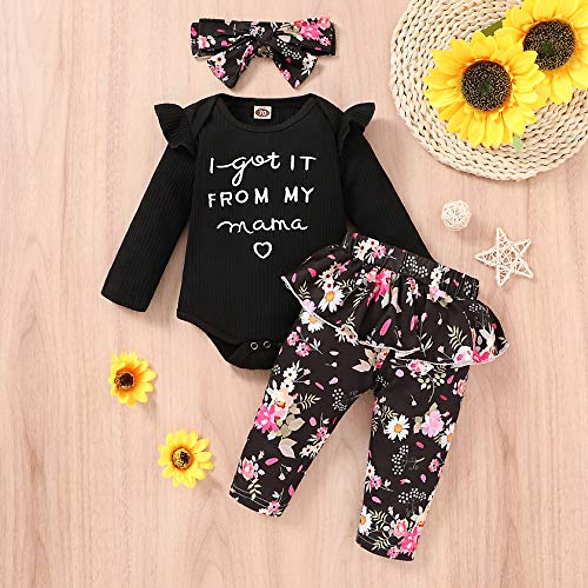 YOUNGER TREE 3PCS Newborn Infant Girls Clothes Baby Girl Fall Outfits Mustard Yellow Romper Baby Clothes Gril Winter Outfits (12-18 Months, Black Romper+Floral Skirt Pants Set)