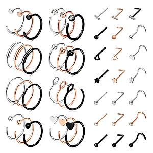 LOYALLOOK 18G 316L Stainless Steel C-Shaped Nose Rings Hoop for Women Men L-Shaped Nose Studs Screw CZ Nose Piercing Jewelry Set 45Pcs
