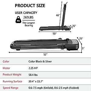 Murtisol 2 in 1 Folding Treadmill, 2.25HP Under Desk Electric Treadmill, Installation-Free with APP, Remote Control and LED Display, Portable Walking Machine for Home, Office & Gym,Black