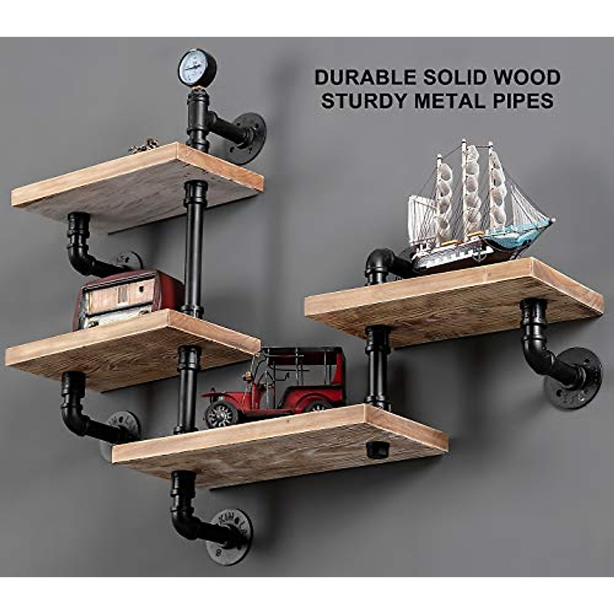WAKI HOME Industrial Floating Pipe Wall Mounted Shelves Rustic Modern Wood Shelving Bookcase 4 Layer Ladder Steampunk Hanging Bookshelf for Home Bathroom Office Decor (4-Tier Ladder Shelves)