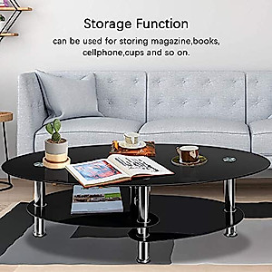 Nidouillet 3 Tier Tempered Glass Table with Glass Shelves and Stainless Steel Legs, Oval-Shaped Coffee Table Living Room Home Furniture 35.4" x 19.7" x17.7 (L x W x H)- Black AB026