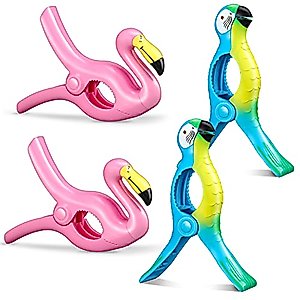 4 Pieces Flamingo Beach Towel Clip for Beach Chairs Parrot Towel Holder Clothes Pegs Beach Towel Clip in Bright Color Jumbo Size for Patio and Holiday Pool (Blue, Pink,Parrot, Flamingo)