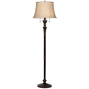 Regency Hill Brooke Traditional Standing Floor Lamp 60" Tall Rich Bronze Copper Accents Metal Column Brown Burlap Modified Bell Shade for Living Room Reading House Family Bedroom Home