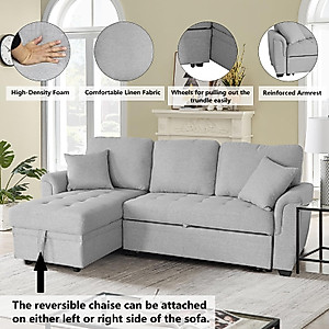 HUMEHA Reversible Sectional Sofa Couch, Light Grey Convertible Pull Out Bed Sleeper Sofa with Storage Chaise Lounge, Upholstered L Shaped Couch with 2 Pillows, Linen Fabric Couches for Living Room