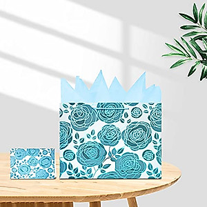 Rose Blue Large Gift Bag with Gift Card, Blue Tissue Paper, Envelope, and Sticker, for Parties, Birthdays, Mother's Day, Weddings, Retirements, Anniversaries, Any Occasion-Hot Stamping Blue Design